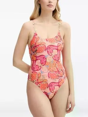 Guess Printed One-piece Swimsuit With Chain Straps - Pink