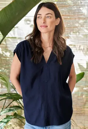 OCEAN+MAIN Sleeveless Top With Rouched Shoulder Detail - Navy