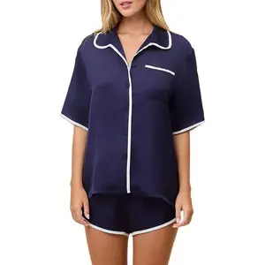 PAPINELLE Annabelle Piped Satin Pajamas - Navy
