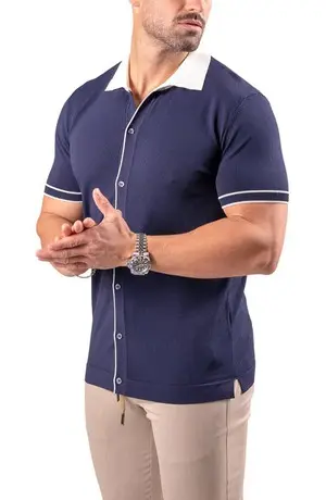 MACEOO Tipped Knit Short Sleeve Button-up Shirt