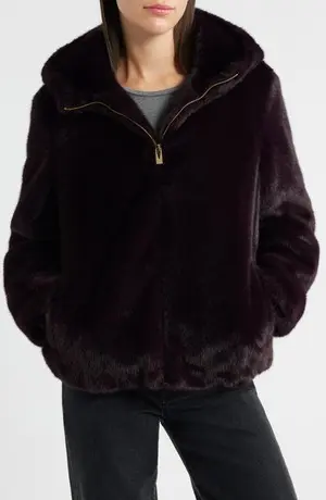 Via Spiga Faux Fur Hooded Jacket - Burgundy