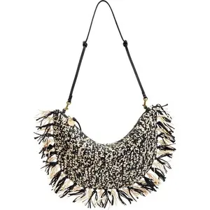 Clare V. Lune Raffia Shoulder Bag With Fringe - Black/cream Raffia W/fringe