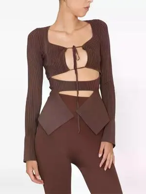 ANDREĀDAMO Tie-front Ribbed Top - Brown