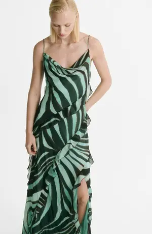 Mango Zebra Print Ruffle Slip Dress