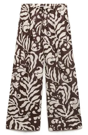Mango Printed Cotton Wide Leg Pants - Brown
