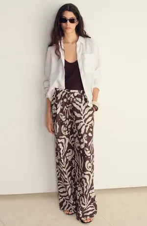 Mango Printed Cotton Wide Leg Pants - Brown