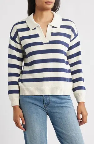 HATLEY Striped Johnny Collar Sweater - Navy