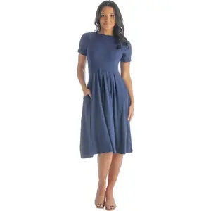 24SEVEN COMFORT APPAREL Petite Midi Dress With Short Sleeves And Pockets - Navy