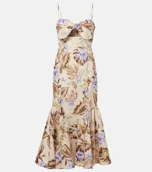 Zimmermann Coco Bow-detailed Floral Linen Midi Dress - Multicoloured