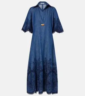 Zimmermann Coco Embroidered Denim Maxi Dress - Blue