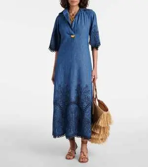Zimmermann Coco Embroidered Denim Maxi Dress - Blue