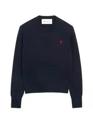AMI Paris Merino Wool Crewneck Sweater With Embroidered De Coeur - Blue