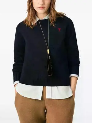 AMI Paris Merino Wool Crewneck Sweater With Embroidered De Coeur - Blue