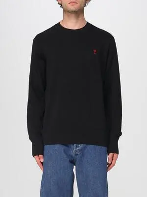 AMI Paris Wool Crew Neck Jumper With Embroidered Logo - Black
