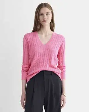 Everlane Cable V-neck Cotton Cashmere Sweater - Deep Pink
