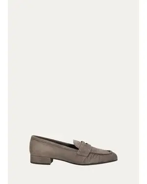 Prada Ruched-Toe Suede Penny Loafers Grafite