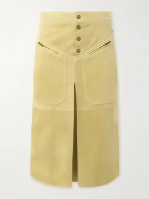 Chloé Pleated Paneled Suede Midi Skirt - Neutrals