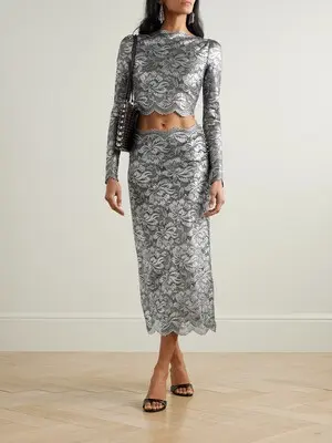 Rabanne Cropped Scalloped Stretch-lace Top - Silver