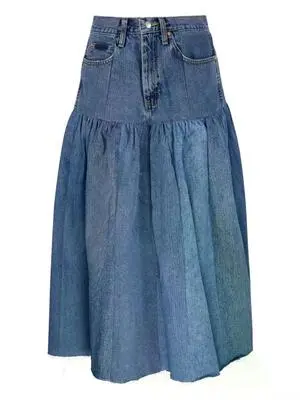 E.L.V. DENIM Harvard Ruffled Midi Denim Skirt