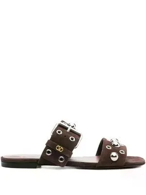 Valentino Garavani Studded Buckle Flat Sandals - Brown