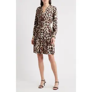 Anne Klein Long Sleeve Leopard Print Minidress