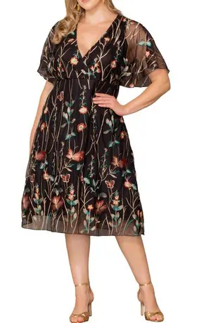KIYONNA Sonnet Embroidered Midi Dress - Onyx