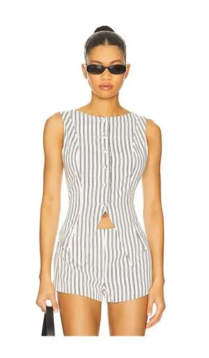 ALL THE WAYS Alerie Button Front Top - White & Black Stripe