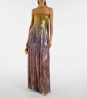 Elie Saab Sequined Strapless Gown With Scarf Detail