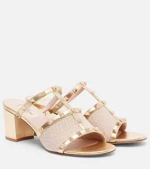 Valentino Garavani Rockstud 80 Leather-trimmed Mules - Beige