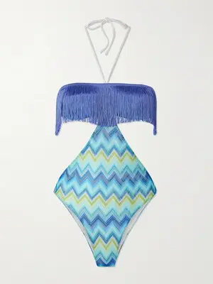 Missoni Mare Cutout Fringed Striped Crochet-knit Swimsuit - Blue