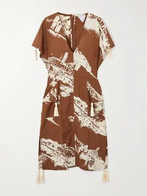 Bottega Veneta Tasseled Printed Silk And Cotton-blend Shantung Dress - Brown