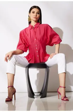 Natori Cotton Silk Slub Pleated Shirt