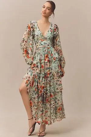 Bhldn Floral Chiffon Plunge Maxi Dress