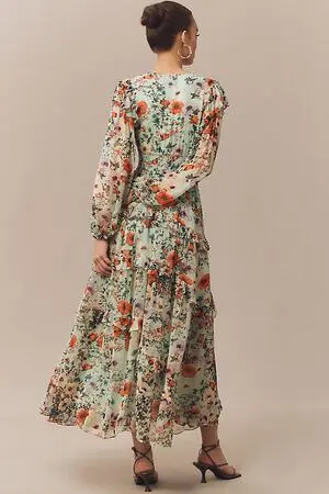 Bhldn Floral Chiffon Plunge Maxi Dress