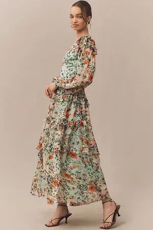Bhldn Floral Chiffon Plunge Maxi Dress