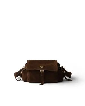 Prada Explore Medium Suede Shoulder Bag With Flap - Brown