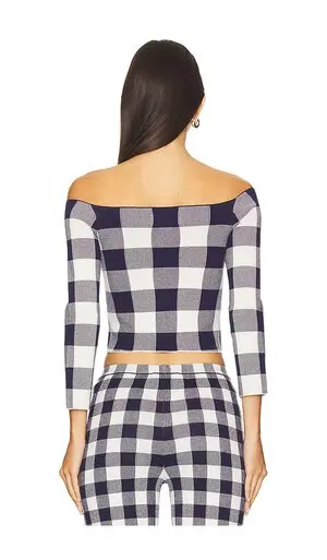 SEROYA Vale Top Navy Gingham Off-the-shoulder Sweater