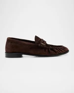 Saint Laurent Suede Cassandre Penny Loafers - Dark Chocolate