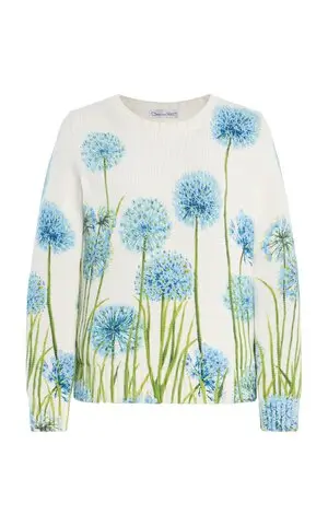 Oscar De La Renta Allium-Printed Cotton-Blend Sweater White