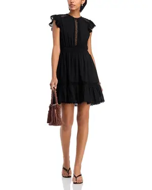 Aqua Lace Inset Flutter Mini Dress - Black