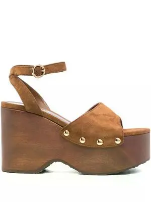 GIANVITO ROSSI Suede Wedge Sandals With Gold-tone Studs - Brown