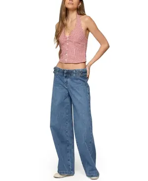 EDIKTED Evan Gingham Button Up Halter Top - Red