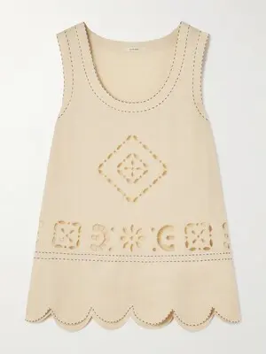Vita Kin Topstitched Broderie Anglaise Linen Tank - Neutrals