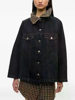 GANNI Checkered Collar Denim Jacket - Blue