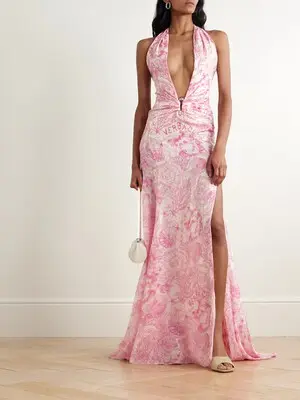 Versace Embellished Metallic Printed Silk-blend Chiffon Gown