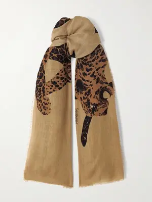 Saint Laurent Frayed Printed Wool-twill Scarf - Brown