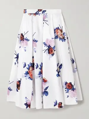 Erdem Pleated Floral-print Cotton-poplin Midi Skirt - White