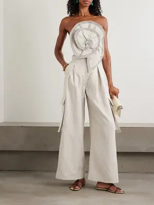ANDRES OTALORA Appliquéd Topstitched Linen Bustier Top