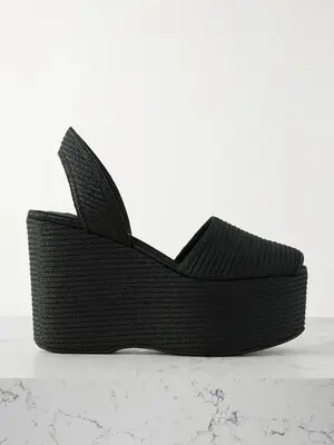 Alaïa Straw Slingback Platform Wedge Sandals - Black