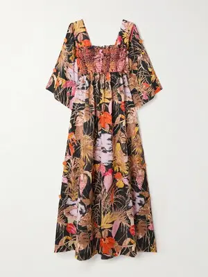 Loretta Caponi Malibu Smocked Printed Cotton Midi Dress - Multi